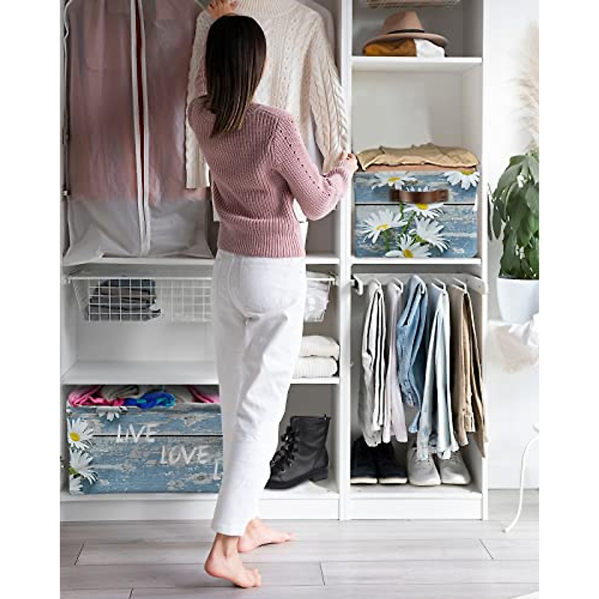 Storage Organizer Bins Set of 1 Storage Baskets for Clothes on Shelves With Handles Live Love Laugh Farm White Daisy Flower Rustic Old Wooden Blue Rectangular Fabric Laundry Baskets for Organizing