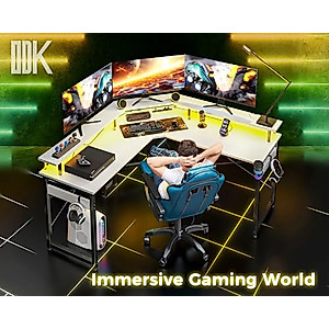 ODK L Shaped Gaming Desk with LED Lights & Power Outlets, 51" Computer Desk with Full Monitor Stand, Corner Gaming Table with Hooks & Cup Holder, White