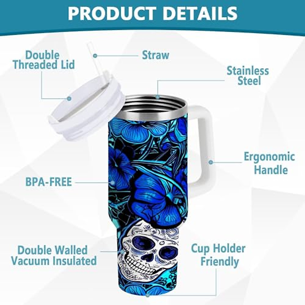 RPLIFE Blue Flowers Sugar Skulls Stainless Steel Coffee Tumbler, Insulated Water Bottle with Straw, Tumbler for Men