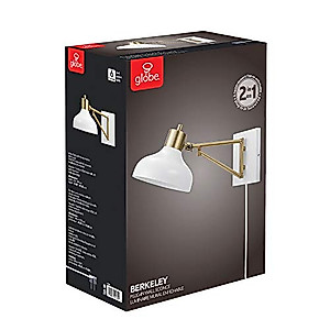 Globe Electric 51344 1-Light Plug-in or Hardwire Swing Arm Wall Sconce, White, Brass Accents, White Cloth Cord, Wall Lighting, Wall Lights for Bedroom, Kitchen Sconces Wall Lighting, Home Décor