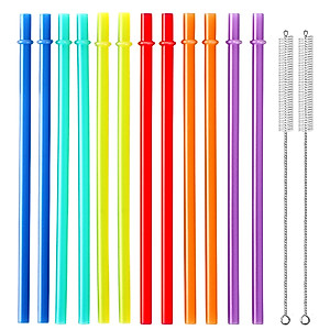 32 Pieces Reusable Plastic Straws Fit for Mason Jars, Tumblers, 10.25 Inches Extra Long Rainbow Colored Unbreakable Drinking Straws with 2 Cleaning Brushes, BPA Free and Eco Friendly