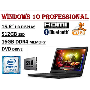 Dell Inspiron 15 5000 Series 5566, 15.6" HD Business Laptop ( 2018 Edition ) - Intel Core i7-7500U Processor - 16GB DDR4 RAM - 512GB SSD - DVDRW - WiFi+Bluetooth - Windows 10 Professional