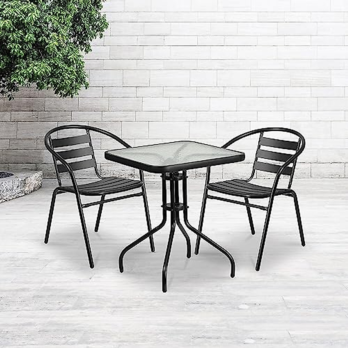 Flash Furniture Lila 23.5'' Square Glass Metal Table with 2 Black Metal Aluminum Slat Stack Chairs