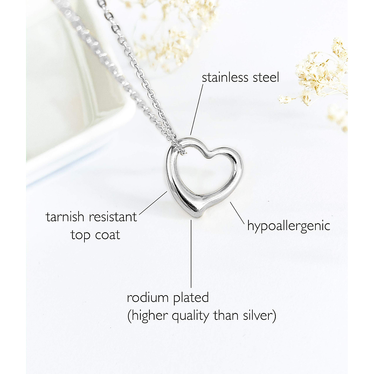 Altitude Boutique 18kt Open Heart Necklace For Women | Silver Plated Necklace | Lightweight, Hypoallergenic, Waterproof Chain (Silver)