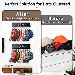 FANGSUN Hat Rack for Wall, Wooden Baseball Cap Organizer with 20 Hooks, Metal Rustic Hat Pattern Display Rack, Ball Cap Hanger Wall Mounted Hat Storage Holder for Closet Bedroom Entry, Set of 2, Black