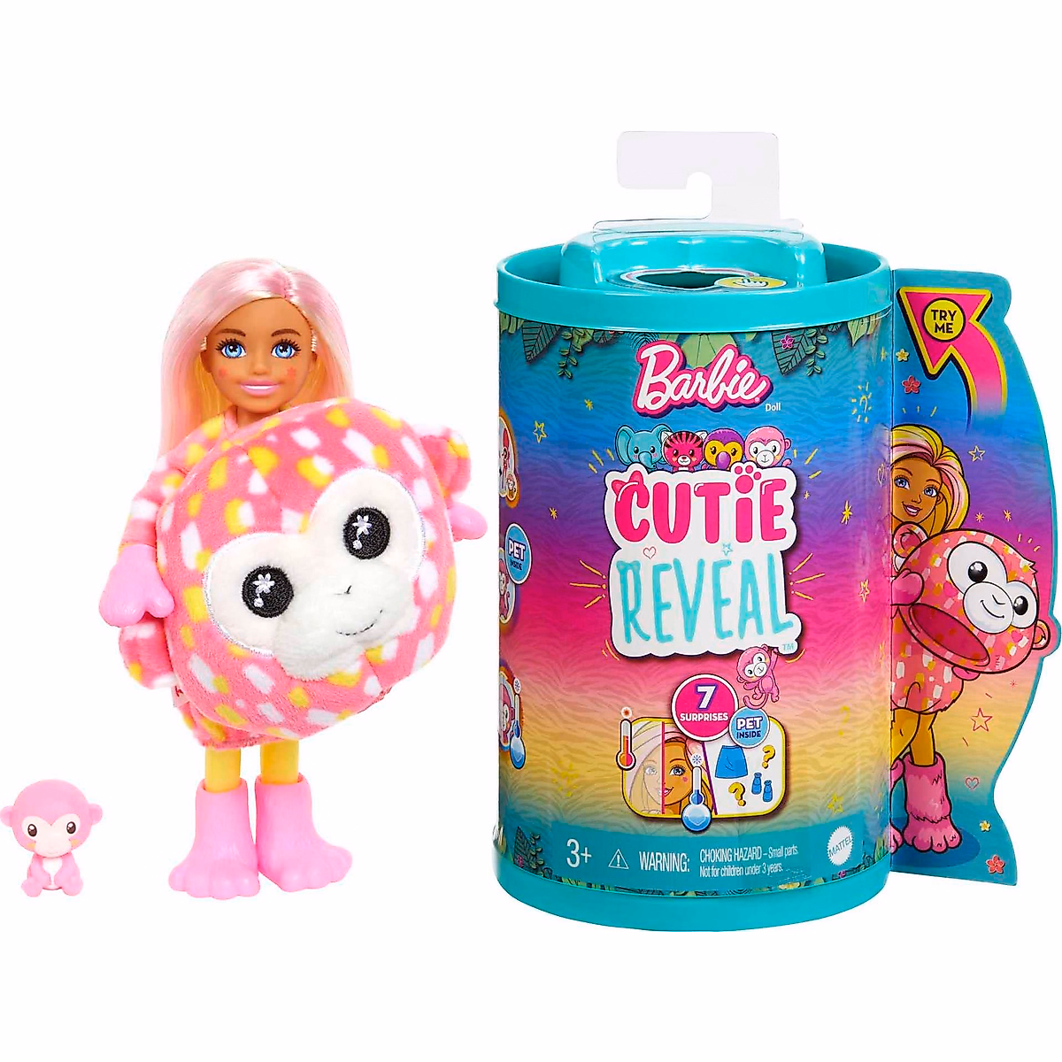 Barbie Cutie Reveal Chelsea Small Doll, Jungle Series Monkey Plush Costume, 7 Surprises Including Mini Pet & Color Change