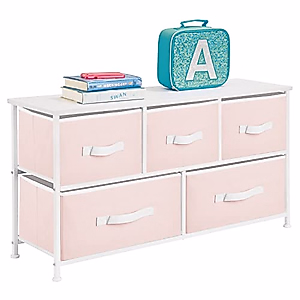 mDesign Wide Steel Frame/Wood Top Storage Dresser Furniture with 5 Fabric Drawers, Large Bureau Organizer for Baby, Kid, and Teen Bedroom, Nursery, Playroom, Dorm - Jane Collection, Pink/White, Pack of 1