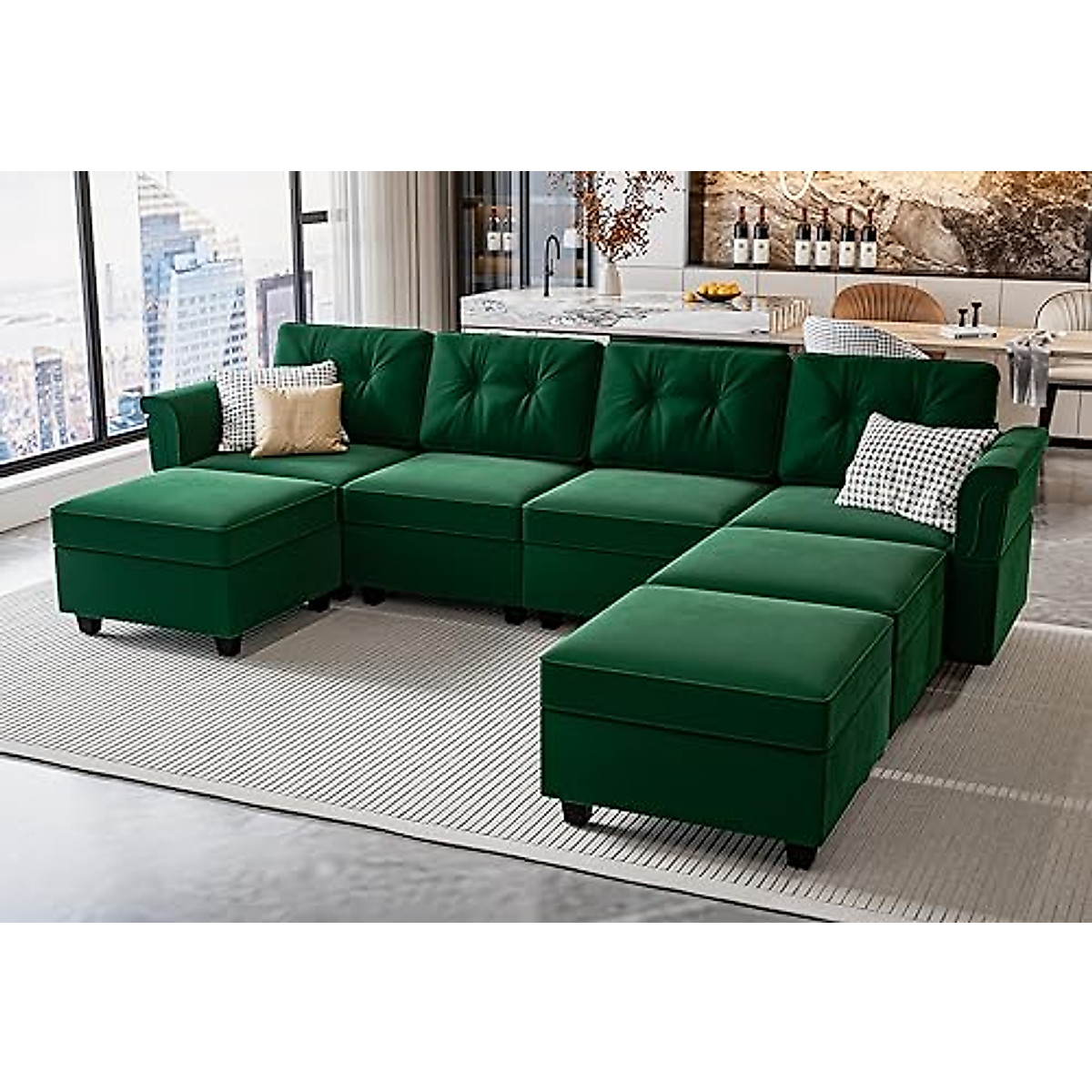 Belandi Modular Sectional Sofa U Shaped Convertible Sofa Couch with Storage, 7-Seat Velvet Modular Sofa with Ottomans, Oversized Sofa Couch with Reversible Chaises for Living Room, Green