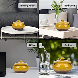 SRECATY Transmutation Glaze Ceramic Ashtray with Lid for Cigarette Outdoor Windproof Ash tray Sets for Smokeless Home Ashtrays Outside for Patio Garden Balcony - Yellow
