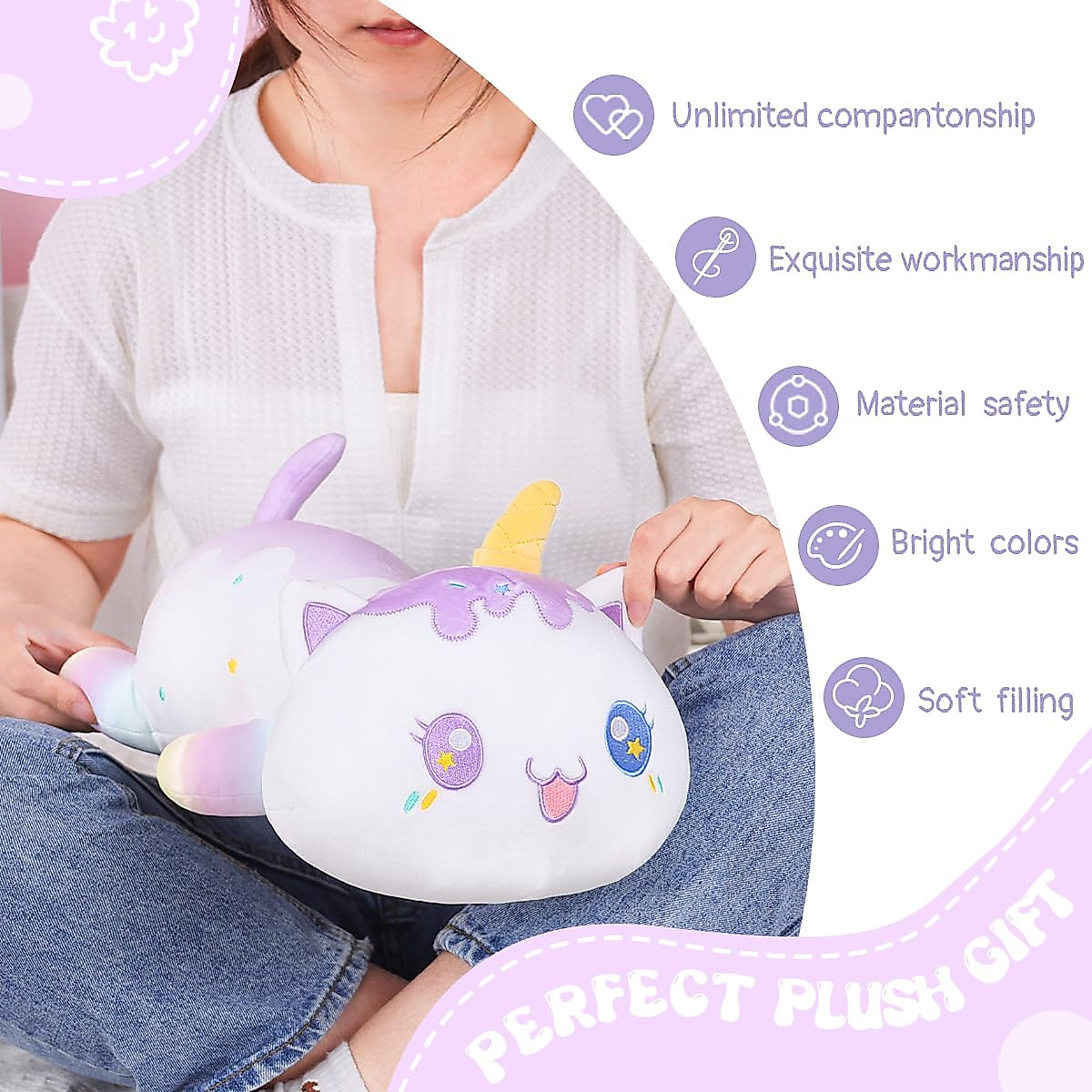 AIXINI Cute Cat Plush Pillow 13.7" Ice Cream Cone Kitten Stuffed Animal, Soft Kawaii Cat Plushie Gift for Kids