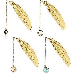 4 Pieces Metal Feather Bookmarks Pendant Bookmark Gold Retro Book Page Markers,Perfect Gift for Reader,Women,Kids,Students, Teachers,Friends and Book Lovers(Key,Sea Shell,Treasure,Clock）