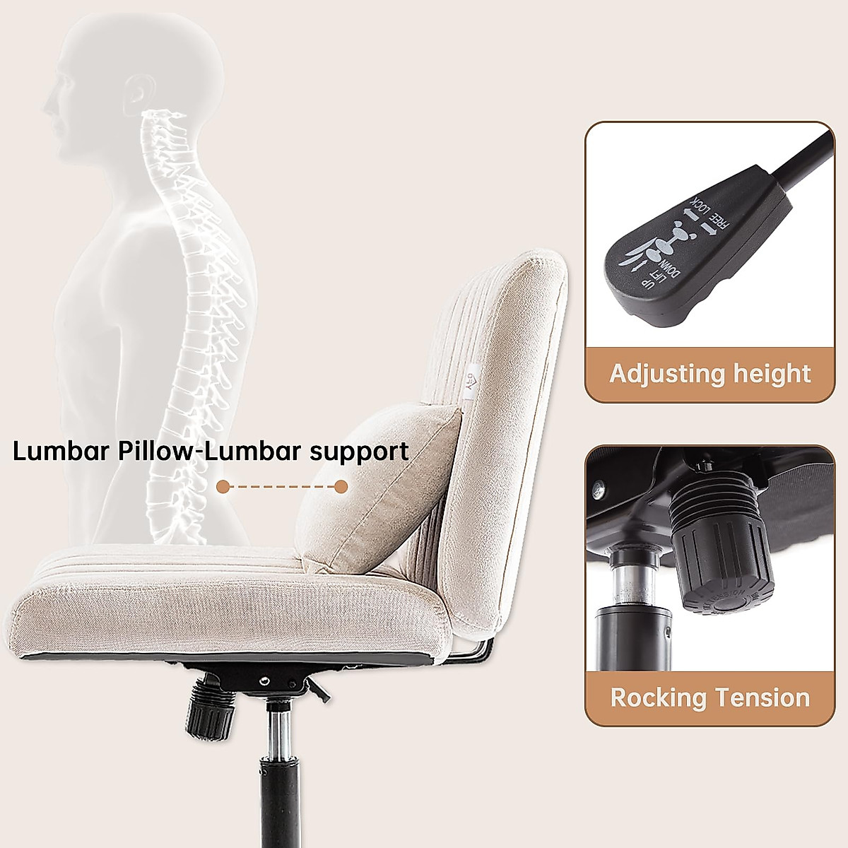 YFO Criss Cross Armless Home Office Chair with Replaceable Wheels/Fixed Base and Lumbar Support, Wide Seat Swivel Chair, Comfy Computer Chair, Beige