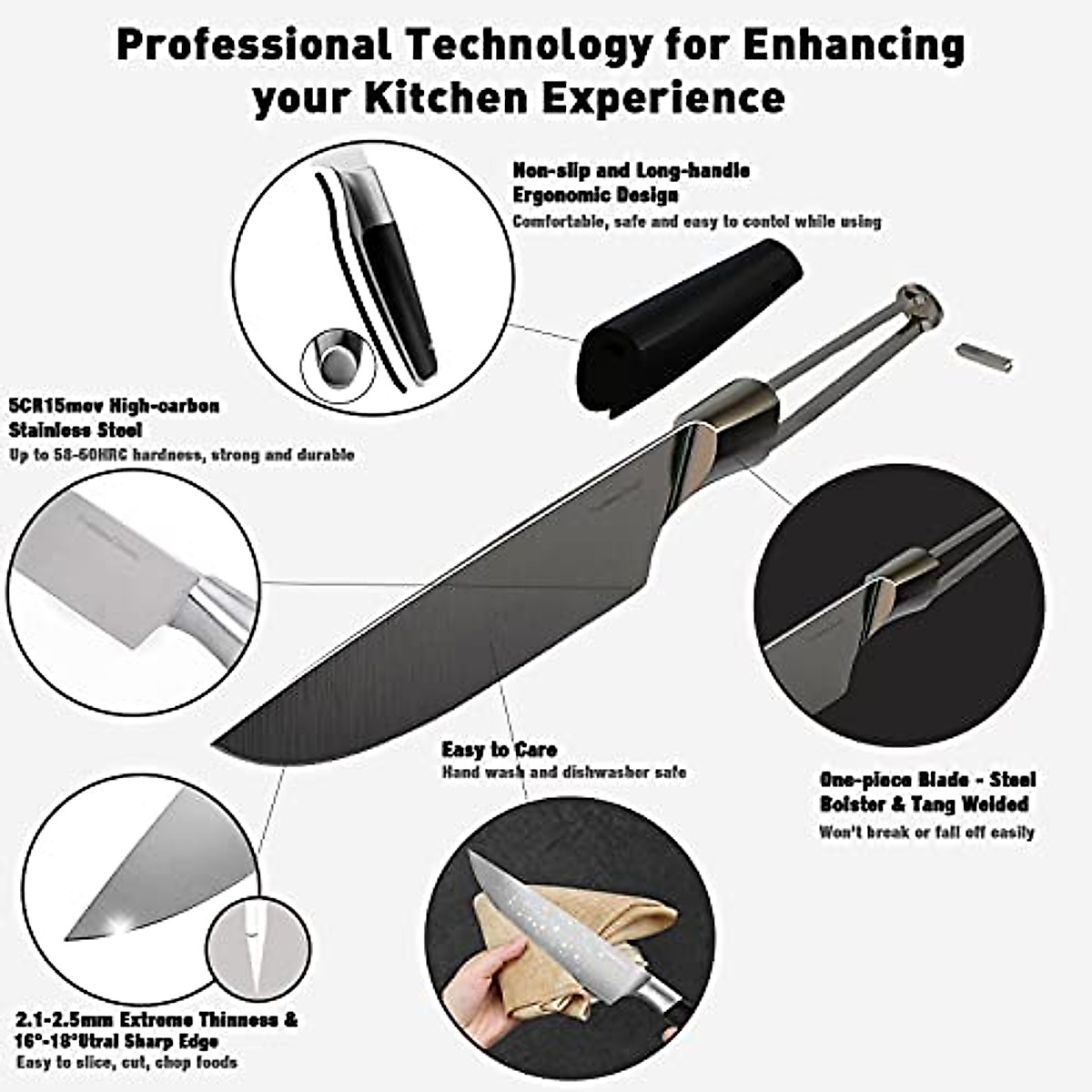 Kitchen Knife Set, Chef Knife Set, Knife Sets for Kitchen with Block, FASAKA 7Pcs Professional German High Carbon Stainless Steel Full-Tang knife set & Knife Block & Kitchen Shears