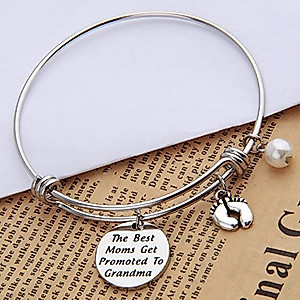 FEELMEM New Grandma Gift The Best Moms Get Promoted to Grandma Bangle Bracelet with Baby Footprint Charm (Silver)
