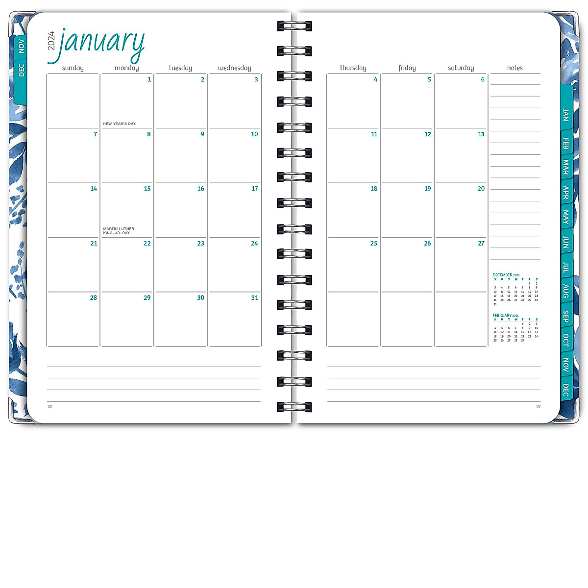 Global Printed Products HARDCOVER 2024 Planner: (November 2023 Through December 2024) 5.5"x8" Daily Weekly Monthly Planner Yearly Agenda Bookmark, Pocket Folder & Sticky Note Set (Blue Bloom)