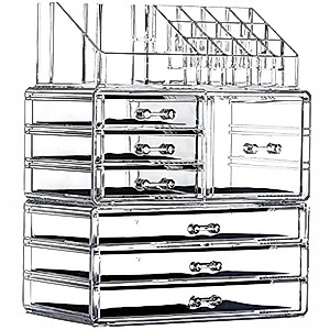 Cq acrylic Clear Makeup Storage Organizer Drawers Skin Care Large Cosmetic Display Cases Stackable Storage Box With 7 Drawers For Dresser,Set of 3