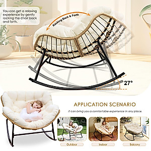 NICESOUL® Indoor Outdoor Rocking Chair with Cushion, Oversized Patio Papasan Rocking Chair, Water Resistant Egg Royal Rocking Chair 450Lbs Sturdy Comfy Recliner Large Lounging Chair (Beige, 1 PC)