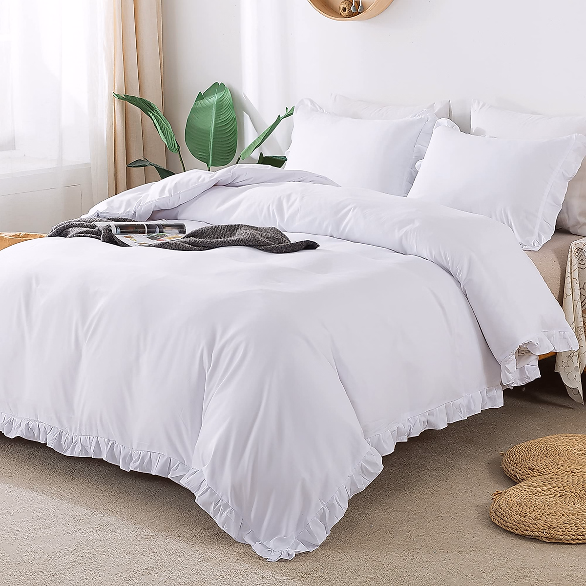 Andency White Ruffle Duvet Cover Full(79x90Inch), 3 Pieces Farmhouse Shabby Chic Ruffled Duvet Cover, Soft Microfiber Duvet Cover Set with Zipper Closure, Corner Ties