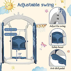 Virubi 5-in-1 Slide with Swing Set, Freestanding Baby Slide Set with Climber, Basketball Hoop and Storage Space, Slide & Swing Playset for Toddlers Age 1+ Outdoor Indoor Playground (Blue & White)
