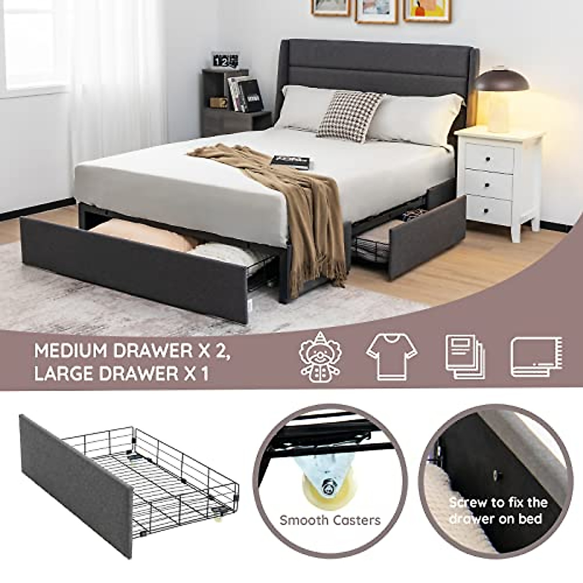 Giantex Bed Frame with 3 Drawers, Heavy Duty Full Size Platform Bed with Wooden Slats, Mattress Foundation with Sturdy Frame, No Box Spring Needed, Dark Grey, Headboard Not Included