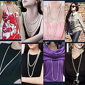 Long Layered Pearl Y Necklace - Boho 6mm Fake Pearls Beaded Choker Layering Statement Necklaces (White)