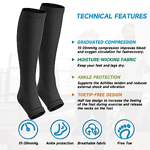 cerpite Open Toe Compression Socks Women & Men-2 Pairs 15-20 mmHg Knee High Stockings for Circulation Support