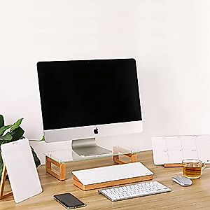 Desktop Glass Whiteboard with Wooden Organizer Box for Office Supplies Storage, Computer Keyboard Stand, Desk Dry Erase White Board with Drawer for Stationary, Marker & Eraser Included, Yeoux