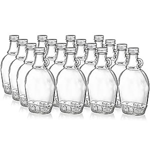 Bekith 16 Pack 8 Ounce Glass Maple Syrup Bottles, Clear Glass Bottle Set with Loop Handle & Sliver Plastic Lids for Syrup