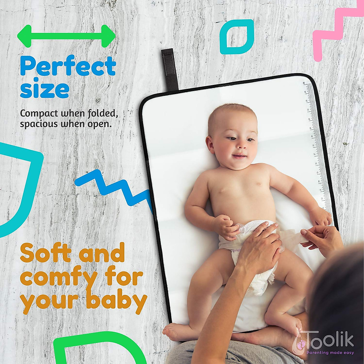 Toolik Baby Diaper Changing Pad, Extra Large (27.5 x 19.7 inch) Waterproof Mat for Stroller Walks or Diaper Bag, Fits Newborn and Toddler for Quick Change on The go, Black with 3D Cube