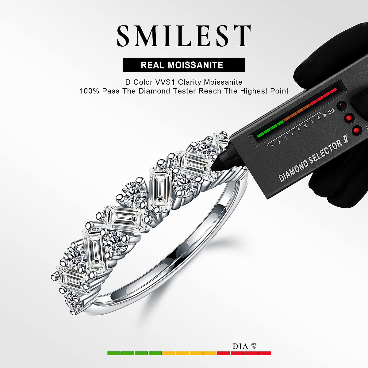 SMILEST Cluster Moissanite Half Eternity Band for Women, Baguette and Round D Color VVS1 Clarity Lab Created Diamond Rings 18K White Gold Plated 925 Sterling Silver Vintage Moissanite Promise Rings