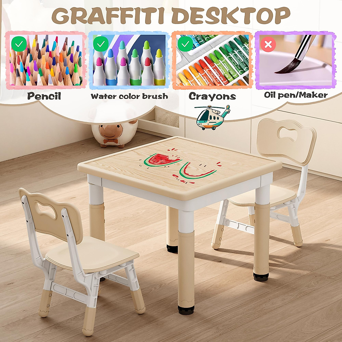 YAIWOMI Kids Table and Chair Set, Graffiti Desktop Kids Tables for Ages 3-8, Adjustable Height Toddler Table and Chair Set, 23.6''Lx23.6''W Kids Table, Toddler Table with 2 Seats, Max 300lbs