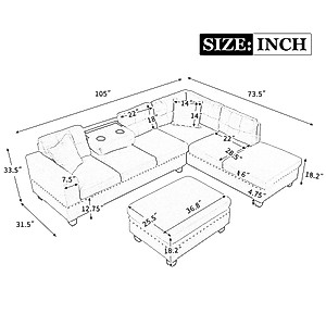 P PURLOVE Sectional Sofa with Reversible Chaise and 2 Pillows, Linen L-Shaped Sofa with Storage Ottoman and Cup Holders, Sectional Couche Living Room Furniture Sets (Light Gray)