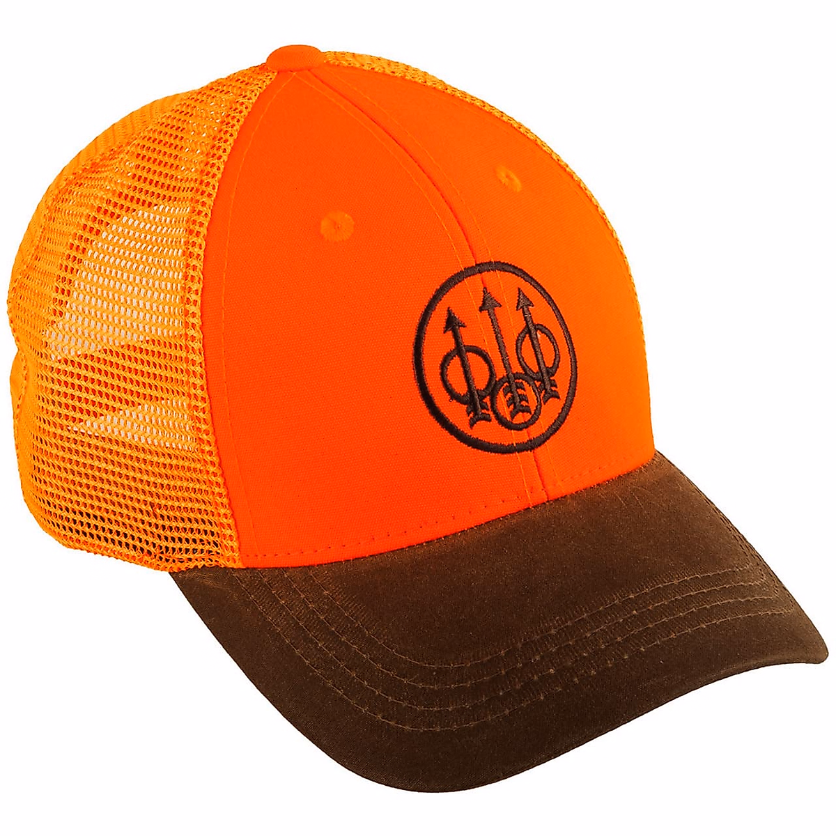 Beretta Men's Tobacco/Blaze Orange Upland Mesh Back Hunting Trucker Hat with Waxed Cotton Bill and Velcro Closure, One Size