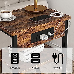 End Tables Set of 2 with Charging Station and USB Ports, 3-Tier Narrow Side Table Bedside Table with Power Outlets for Small Space Living Room Bedroom, Nightstands with Storage Shelves, Rustic Brown