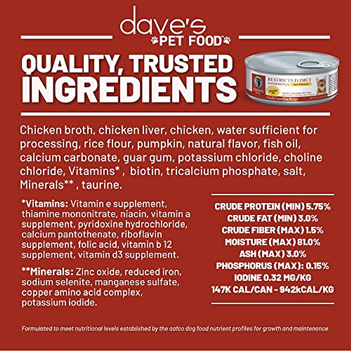 Dave's Pet Food Kidney Support Wet Canned Cat Food for Renal Health (Chicken Liver & Chicken Pate), Non-Prescription Low Phosphorus Restricted Diet 5.5 oz,(24 Pack)