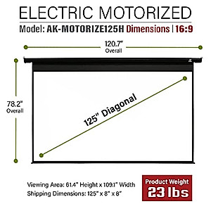 Akia Screens 125 inch Motorized Electric Remote Controlled Drop Down Projector Screen 16:9 8K 4K HD 3D Retractable Ceiling Wall Mount Black Projection Screen Office Home Theater Movie AK-MOTORIZE125H