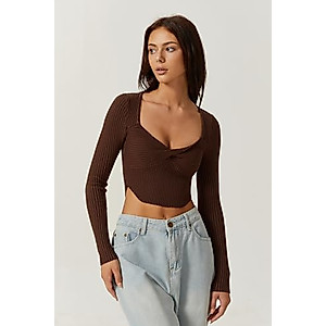 QINSEN Women's Long Sleeve Square Neck Crop Top Ribbed Slim Fitted Casual T-Shirt Tops Cinnamon XS
