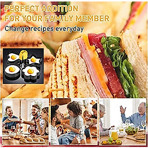 Egg Ring Upgraded Set of 4 with Oil Brush,Foldable silicone handle.Stainless Steel Egg Ring,Non Stick Round Omelette Model for Fried Egg McMuffin Sandwiches.(4 different shapes）