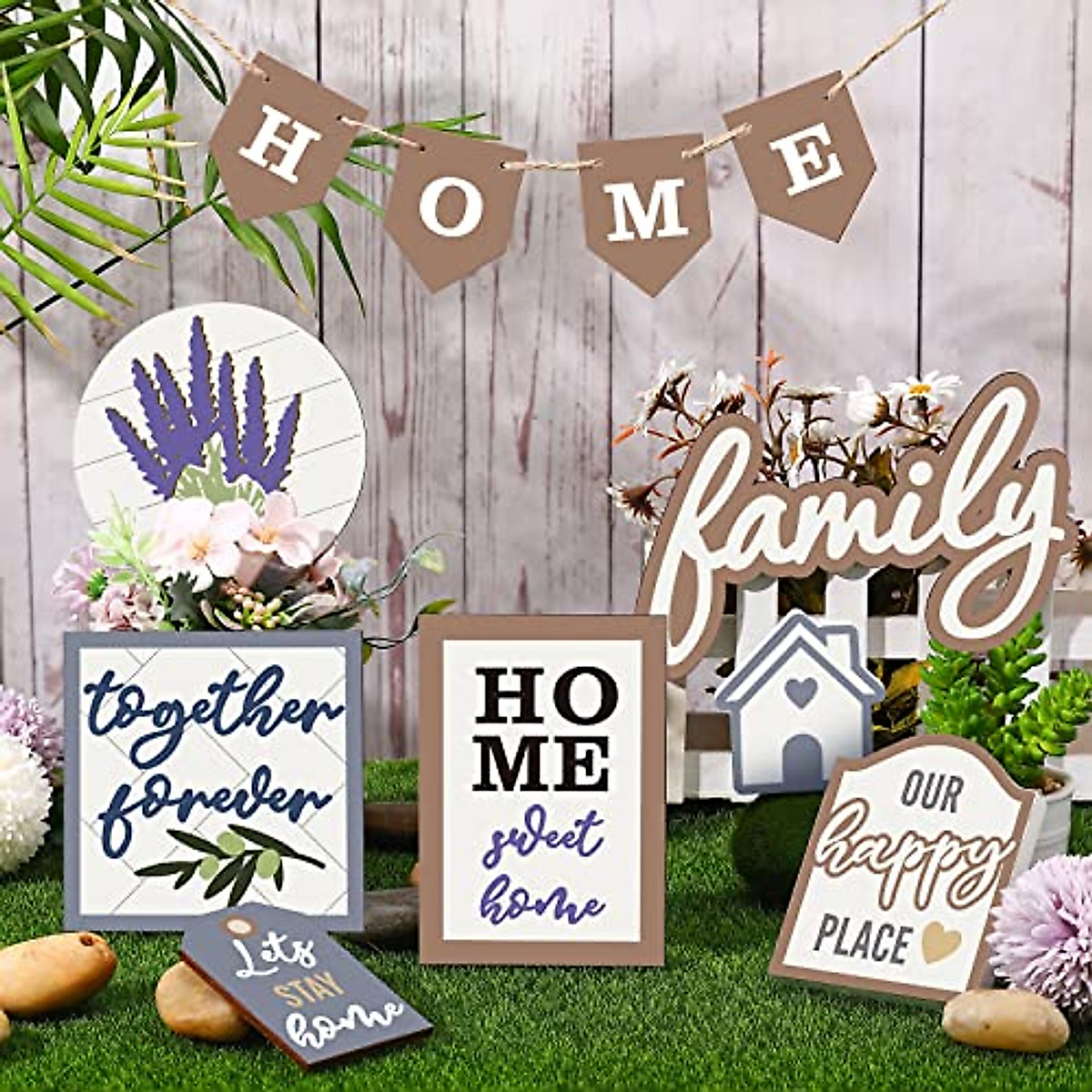 11 Pieces Home Family Tiered Tray Decor Set Wooden Shelf Tier Tray Sign Home Farmhouse Rustic Layered Pallets Decorations Wood Tiered Tray for Home Indoor Decor (Family Style)