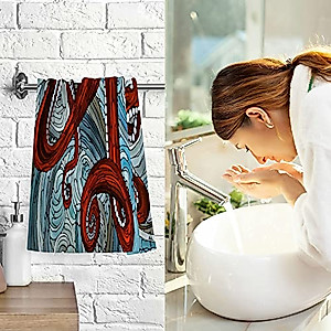 Blueangle Wavy Red Octopus Print Pure Cotton Hand Towels for Bath Decorative Guest Towels Fingertip Towels for Bathroom Spa Gym, 2-Piece, 16 x 28 inches（369）