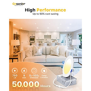 Ensenior 12 Pack 4 Inch LED Recessed Ceiling Light, Dimmable, 2700K-5000K 5CCT, 750LM 9W 120V, High Brightness Canless Wafer Downlight - ETL&FCC&IC