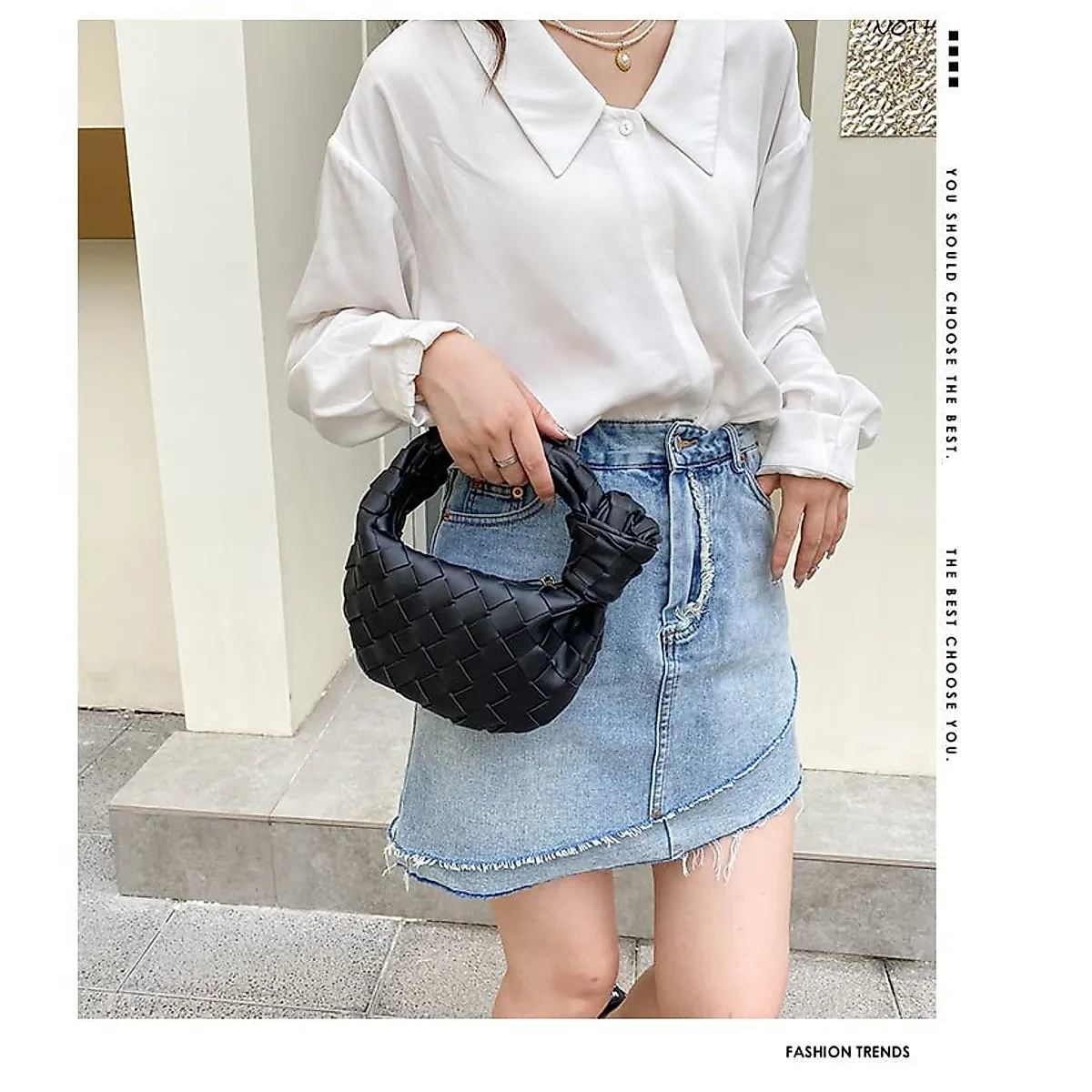 Bella Luna Mini Knotted Woven Hobo Bag | Shoulder Handbag or Purse | Women’s Designer Fashion Soft Faux Leather Bag (Black)