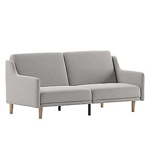 Flash Furniture Delphine Convertible Split Back Sofa Futon - Gray Faux Linen Upholstery - Solid Wood Legs - Curved Armrests - Sleeper Couch for Small Spaces,Grey