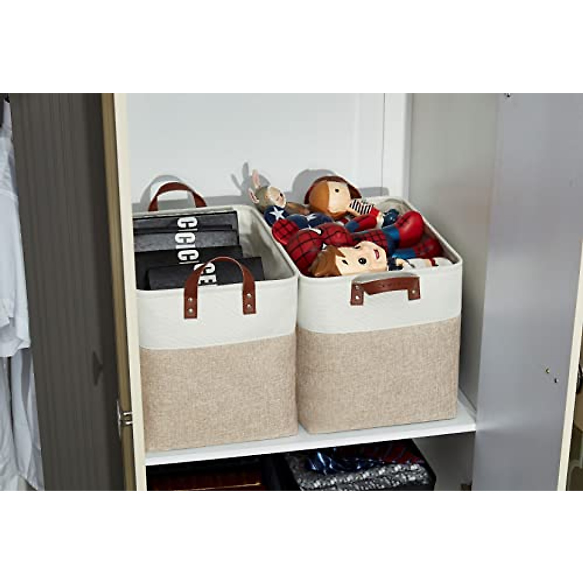 DECOMOMO Large Storage Baskets | Closet Storage Bins 17x12x13inch Canvas Baskets For Storage Laundry Nursery Toys Cloth Linen (Beige & White, XXL - 3 Pack)