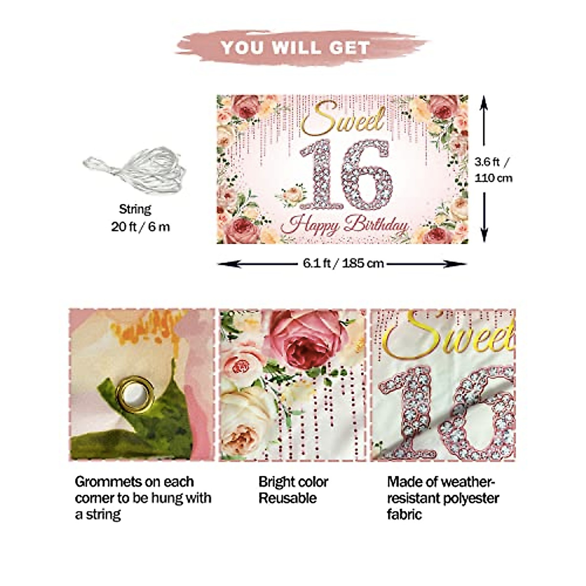 HTDZZI Sweet 16 Birthday Decorations, Rose Gold Happy 16th Birthday Backdrop Banner for Girls, Pink Floral Sweet Sixteen Party Decor, Sweet 16 Yard Sign Photo Booth Props, Fabric, 6.1ft x 3.6ft