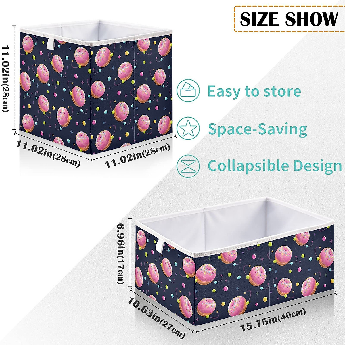 visesunny Closet Baskets Pink Donut Planet Storage Bins Fabric Baskets for Organizing Shelves Foldable Storage Cube Bins for Clothes, Toys, Baby Toiletry, Office Supply