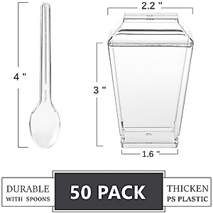 TOFLEN 50 Pack 5 oz Dessert Cups with Lids and Spoons, Mini Clear Square Plastic Dessert Cake Shooter Cups for Party, Yogurt Parfait, Appetizers, Fruits and Puddings