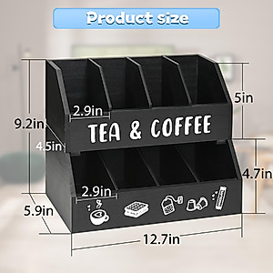 Coffee Station Organizer for Countertop, Wooden Coffee Bar Organization with 8 Compartments, 2 -Tier Tea Bag Organizer for Counter, Black Coffee Accessories for Coffee Bar with Removable Dividers
