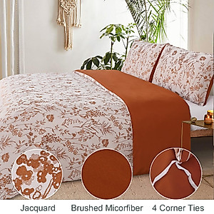 YINFUNG Flower Duvet Cover Fall Floral Embroidered Burnt Orange Terracotta Rust White Queen Spring Wildflower Botanical Jacquard Textured 3 Pieces Autumn Bedding Set Country