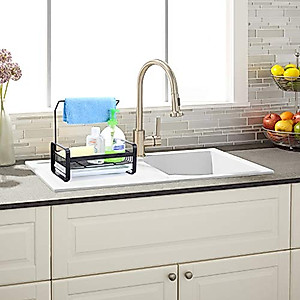 JUXYES Stainless Steel Sponge Holder with Dishcloth Drying Rack, Kitchen Sink Organizer Caddy Tray Sponge Brush Soap Holder with Removable Drain Tray for Kitchen (L, Black)